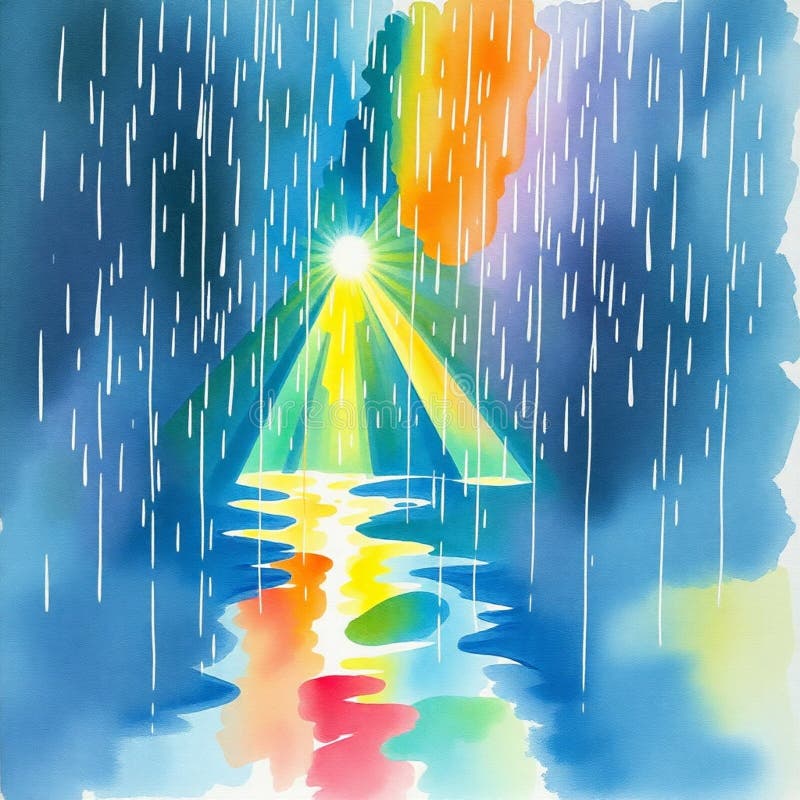 Colorful Pyramid Under Vibrant Rain with Light Reflecting on Tranquil ...