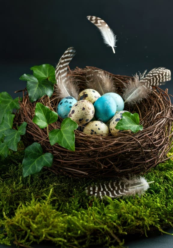 Colorful Quail Eggs in Nest with Feathers and Greenery on Moss ...