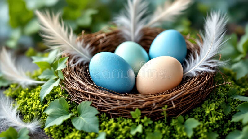 Colorful Quail Eggs in Nest with Feathers and Greenery on Moss ...