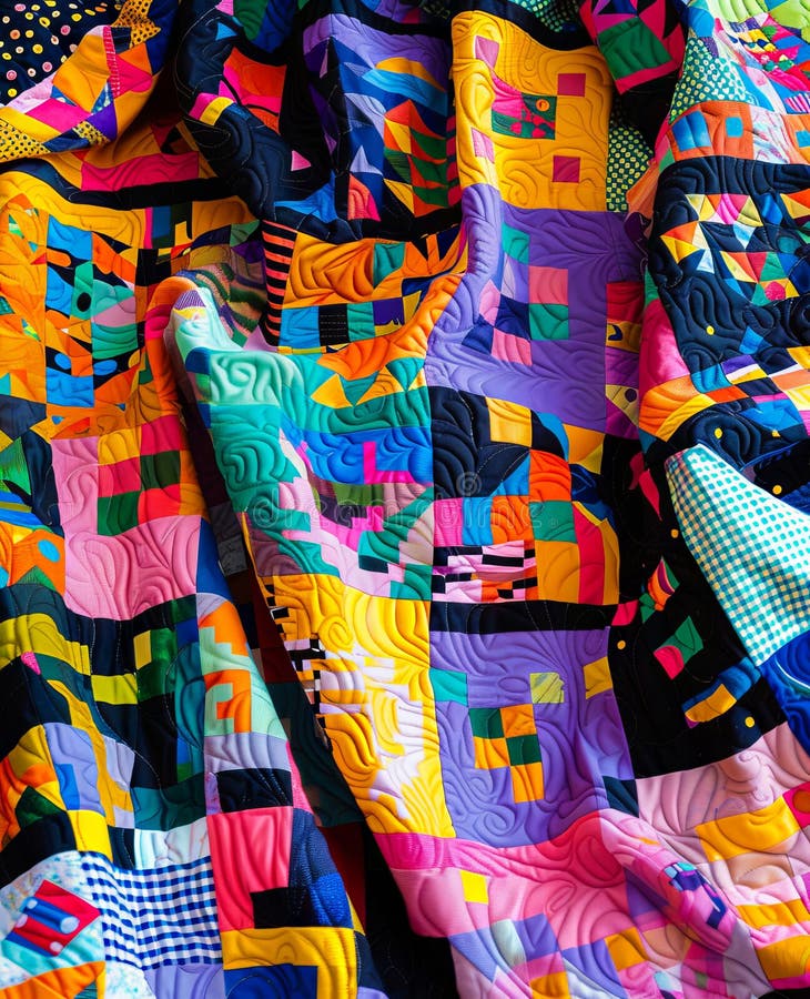 A Colorful Quilt with a Red Car Driving Down a Road Stock Photo - Image ...