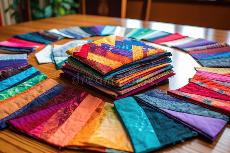 Colorful Quilt Squares Laid Out on a Table Stock Image - Image of ...