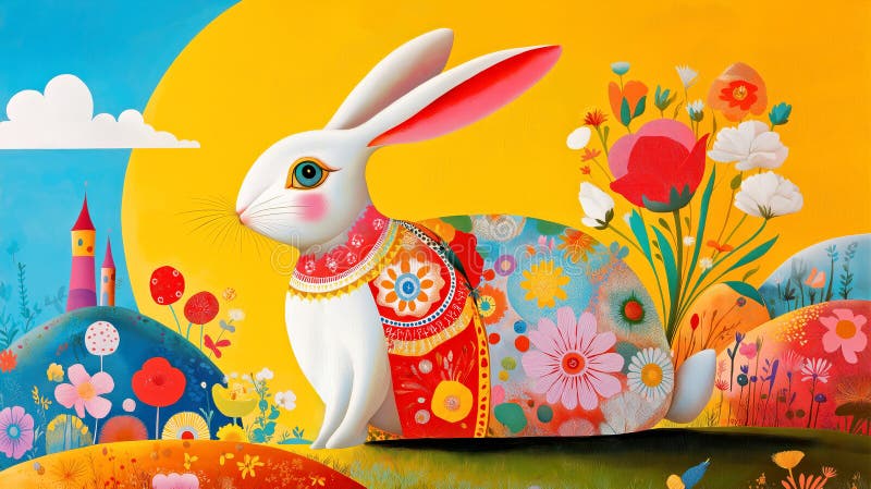 Colorful Rabbit in Floral Landscape with Fantasy Castle and Vibrant Sky ...
