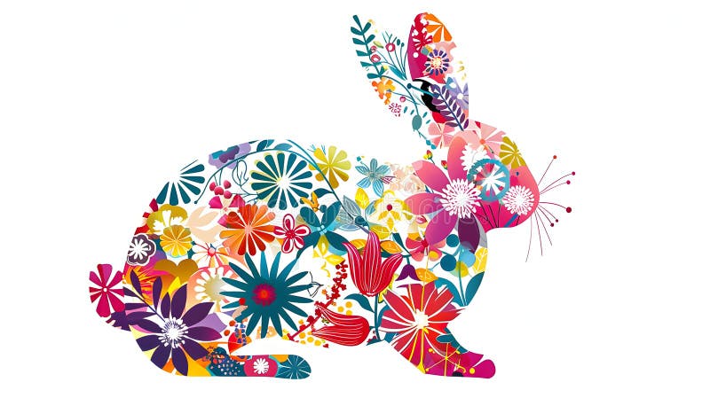 A Colorful Rabbit Silhouette Made of Vibrant Floral Patterns, Set ...