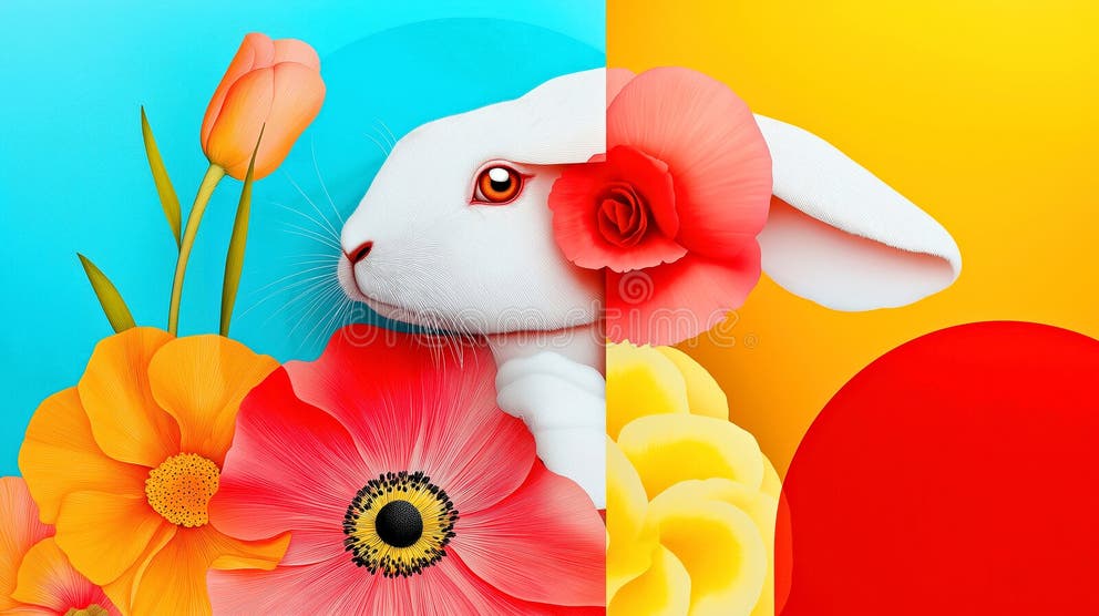 Colorful Rabbit Surrounded by Vibrant Flowers on Split Blue and Yellow ...