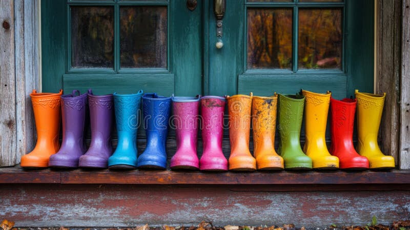 Colorful Rain Boots Line Up Against Rustic Door Stock Illustration ...