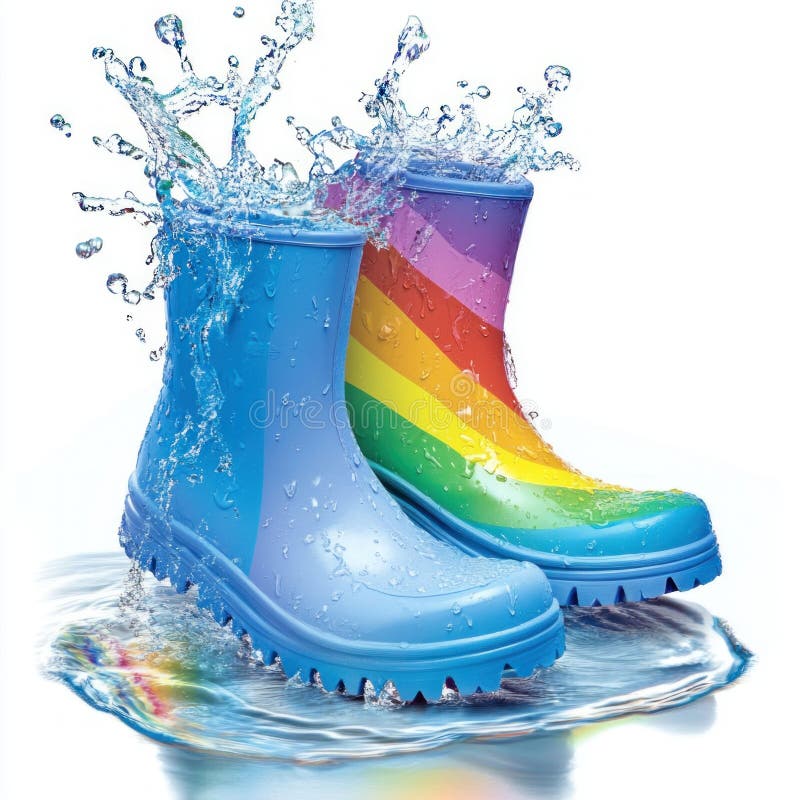 Colorful Rain Boots Splashing in Water Stock Illustration ...