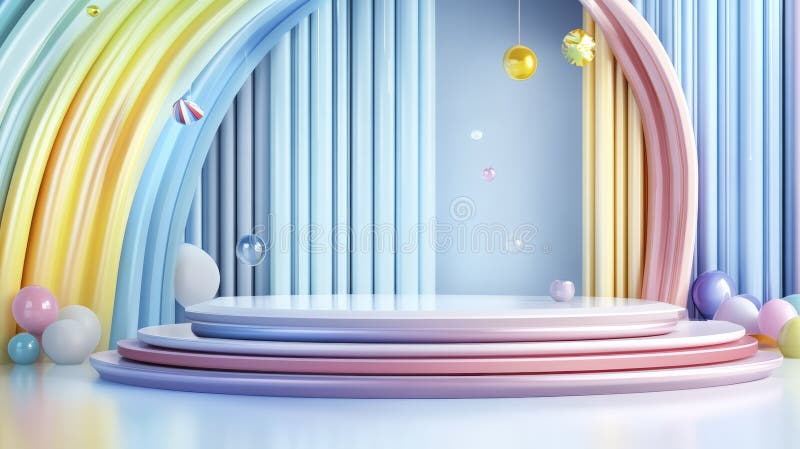Colorful Rainbow Arch Display with Floating Balloons and Bubbles Stock ...