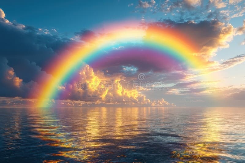 Colorful Rainbow Arcing Over Ocean with Vibrant Reflections and Dramatic Clouds Stock Photo ...