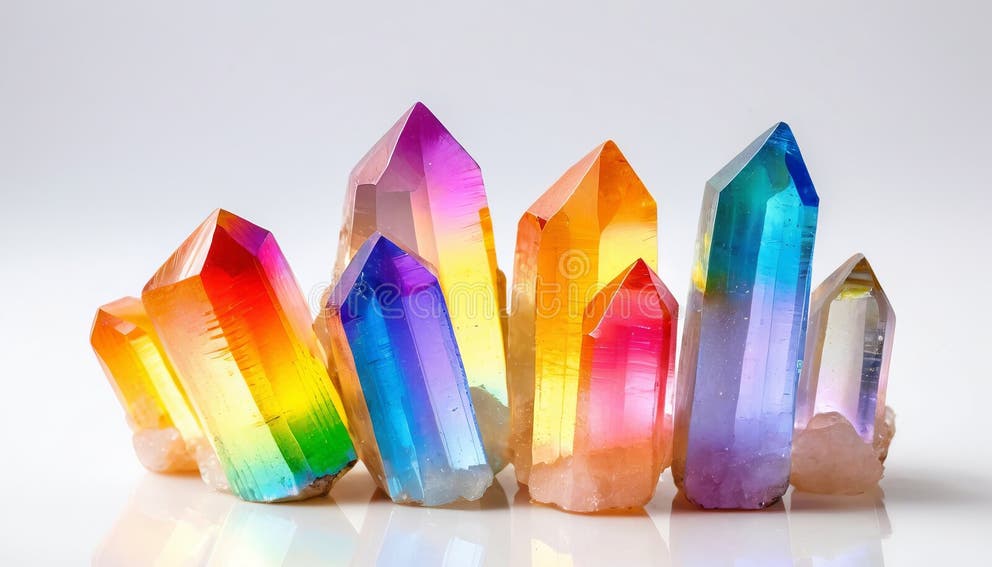 Colorful Rainbow Aura Quartz Crystals on a Reflective Surface Stock ...