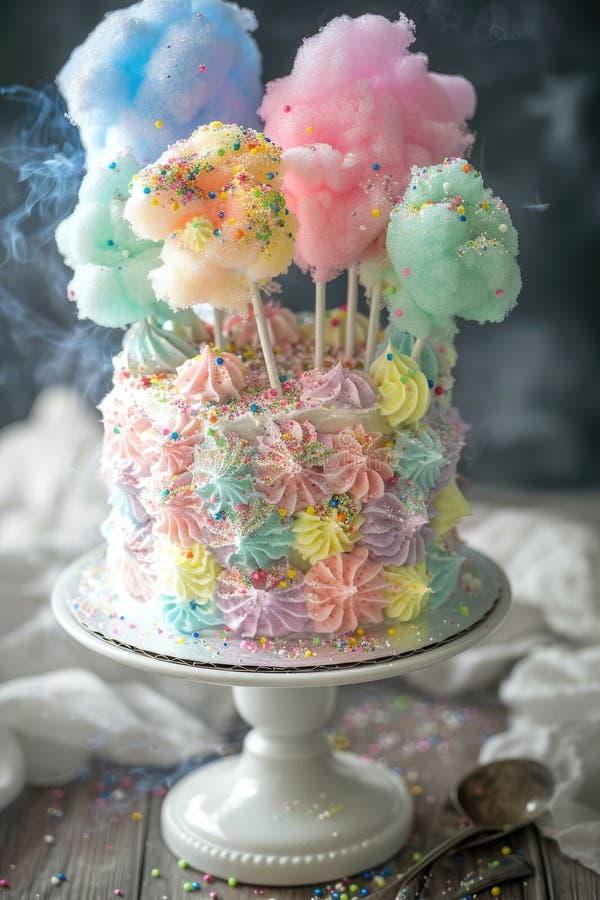 Colorful Rainbow Cake with Cotton Candy Topping on Elegant Stand Stock ...