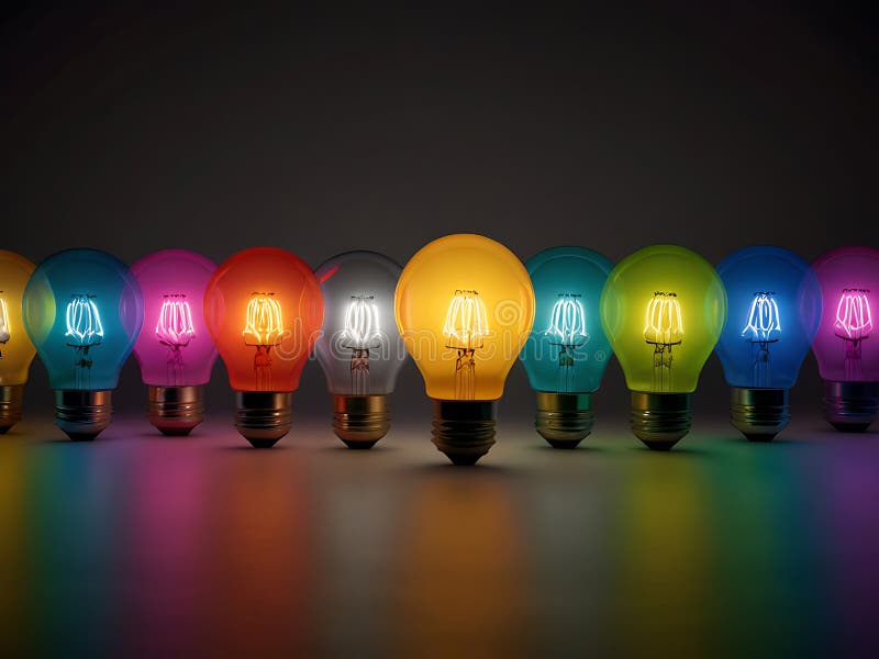 Colorful Rainbow Colored Light Bulb in a Row Inside Empty Dimmed Room ...