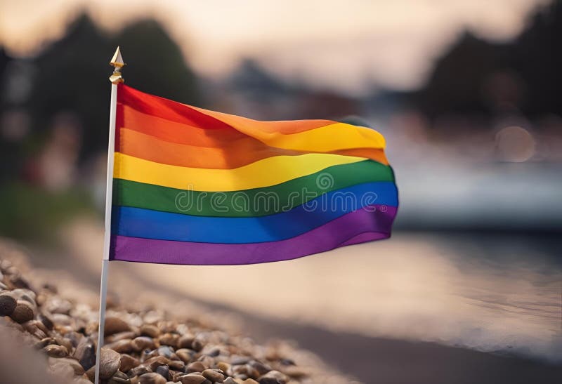 Colorful Rainbow Flag Waving by River and Rocks, AI-generated. Stock ...