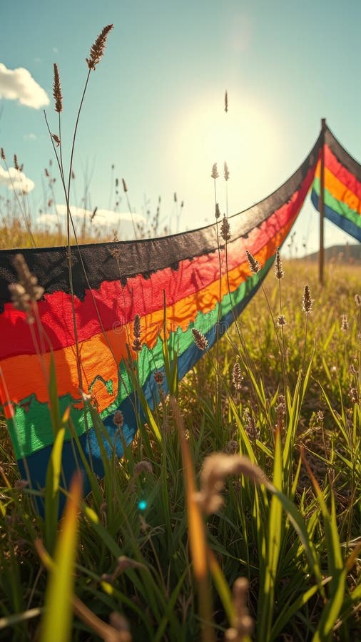Colorful Rainbow Flags in Sunny Meadow with Grasses Stock Image - Image ...