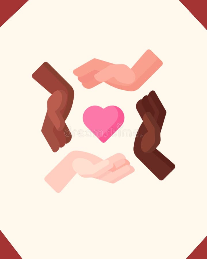 Four Stylized, Diverse Hands Form a Circle Around a Pink Heart Symbol ...