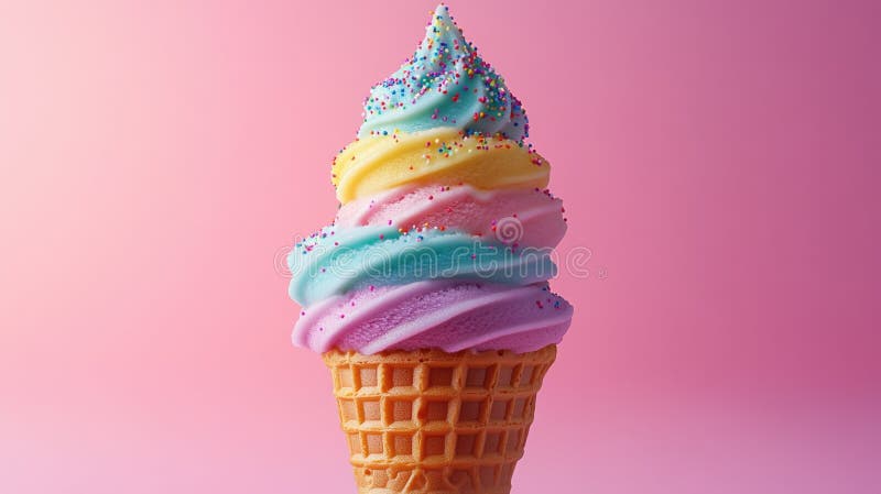 Colorful Rainbow Ice Cream Cone with Sprinkles on Pink Background Stock ...