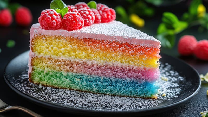 Colorful Rainbow Layer Cake Slice Topped with Raspberries Stock ...