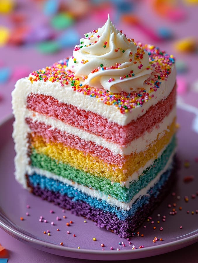 Colorful Rainbow Layered Cake Slice with Frosting and Sprinkles. Stock ...
