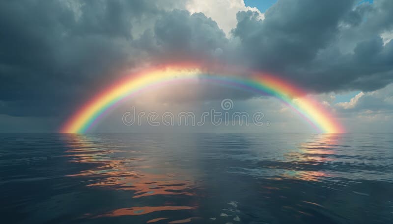 Colorful Rainbow Over the Ocean after Storm. Cloud Formations on ...