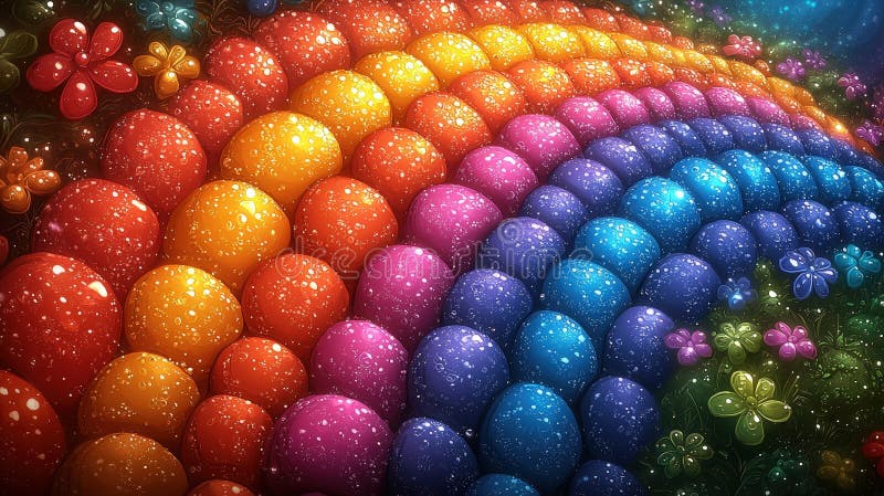 Colorful Rainbow Patterns with Water Droplets and Vibrant Flowers on a ...