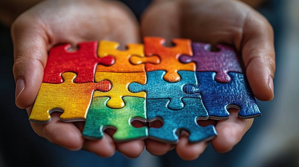 Colorful Rainbow Puzzle Pieces Held in Hands, Symbolizing Unity ...
