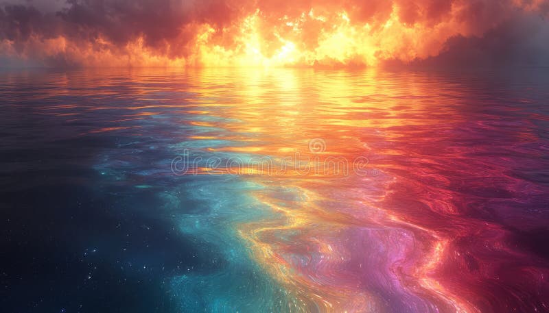 Colorful Rainbow Reflection on Water Surface with Golden Sunset Light ...