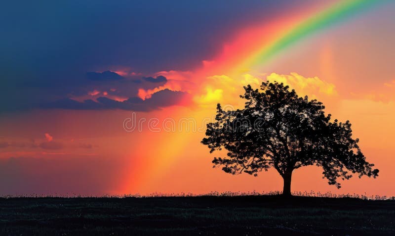 Colorful Rainbow after Spring Rain, Rainbow on Dark Cloudy Sky Stock ...