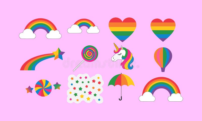 Colorful Rainbow Themed Objects Vibrant Clouds, Balloons, and More ...