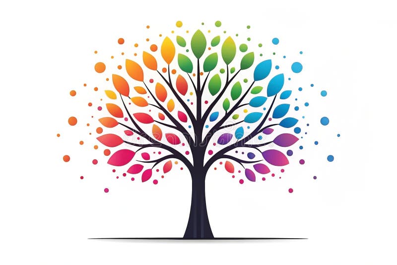 Colorful Rainbow Tree with Leaves and Dots on White Background Stock ...