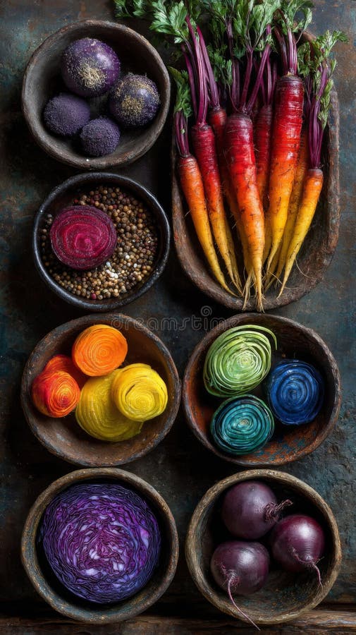 Colorful Rainbow Vegetables Arranged in Bowls Stock Illustration ...