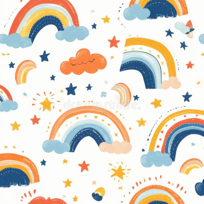 Colorful Rainbows and Clouds Create a Whimsical Pattern on a Bright ...