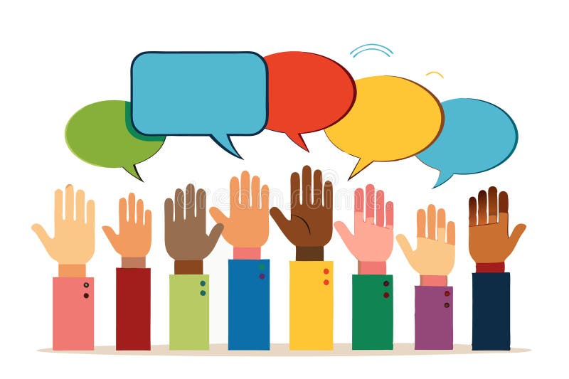 Colorful Raised Hands of Different Skin Tones with Speech Bubbles Above ...