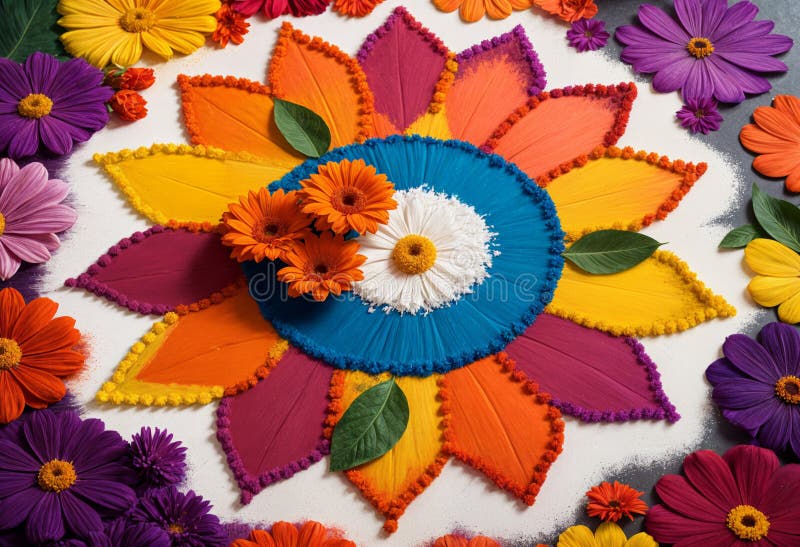 A Colorful Rangoli Flower Arrangement with a Center of a Flower Stock ...