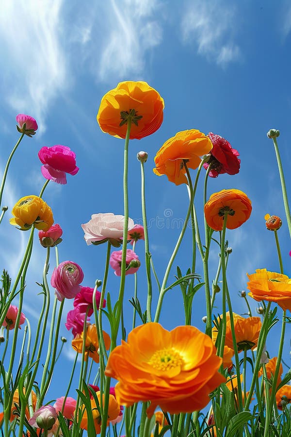 Colorful Ranunculus Flowers Blooming Under Blue Sky Stock Image - Image ...