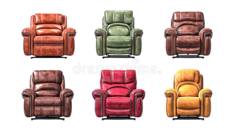 Colorful Recliners Arranged in Two Rows on Display on Transparent ...