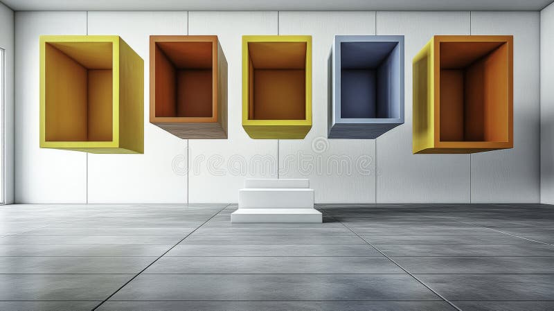 Colorful Rectangular Niches Above White Steps in a Modern Interior ...