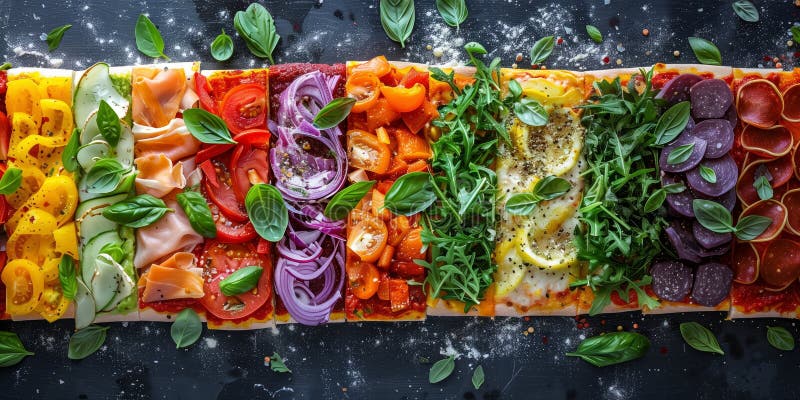 Colorful Rectangular Pizza with Sections of Vibrant Toppings Including ...