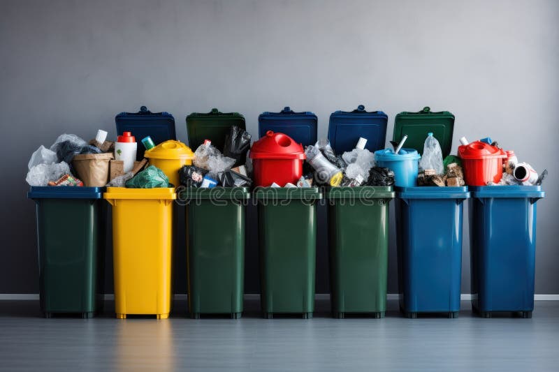 Colorful Recycle Bins Full of Trash. Generative AI Stock Illustration ... Colorful Recycle Bins Full of Trash. Generative AI Stock Illustration ...