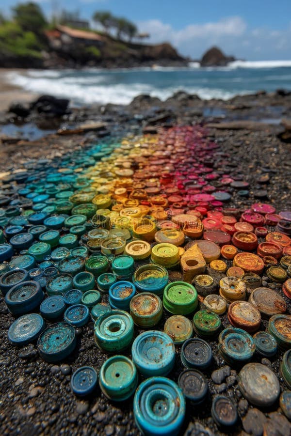 Colorful Recycled Plastic Bottle Caps on Beach Stock Illustration ...