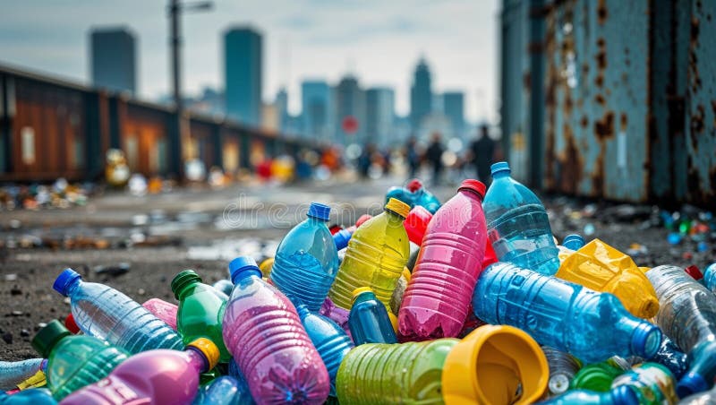 Colorful Recycling Bins Filled with Plastic Bottles in Urban Setting ...