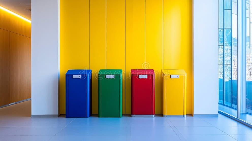 Colorful Recycling Bins in Modern Building Interior Stock Illustration ...