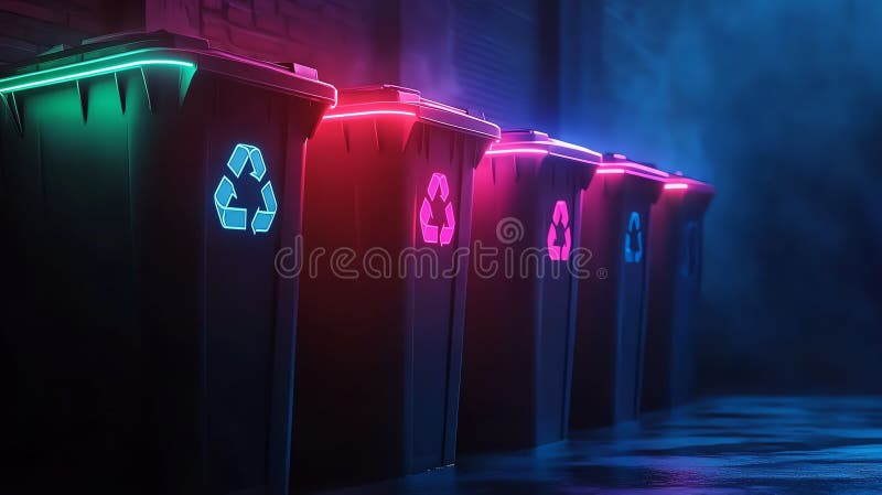 Colorful Recycling Bins with Neon Lights in a Dark Environment Stock ...