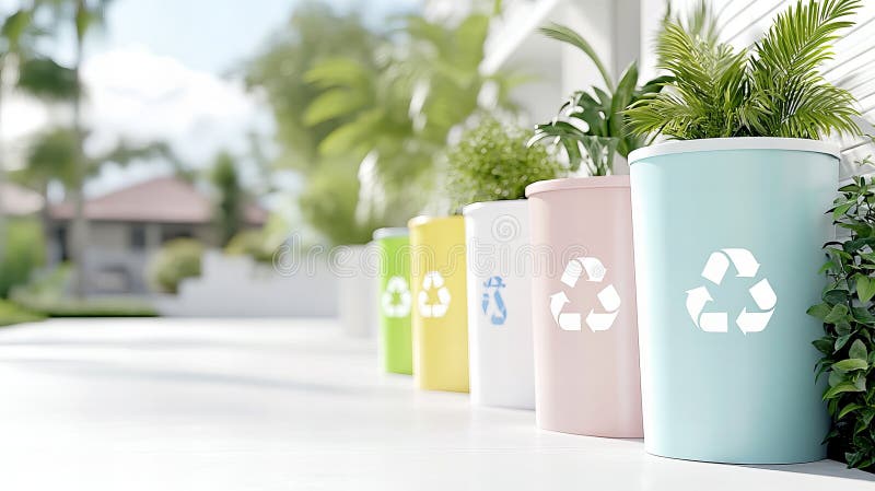 Colorful Recycling Bins with Plants in Outdoor Setting Stock ...