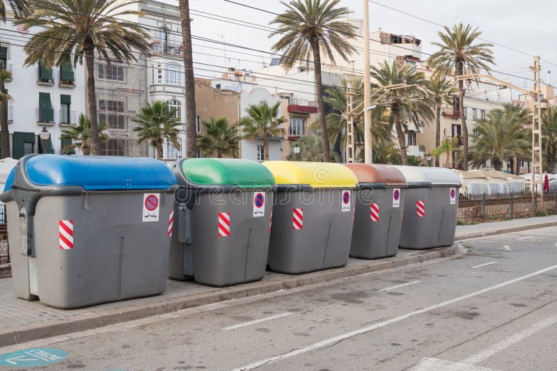 Colorful Recycling Bins Urban Setting Palm Trees Stock Photos - Free ...