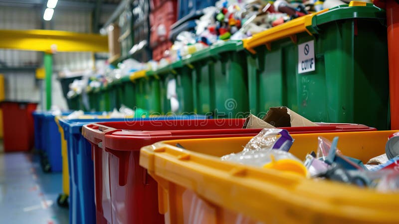 Colorful Recycling Bins in a Warehouse Stock Illustration ...