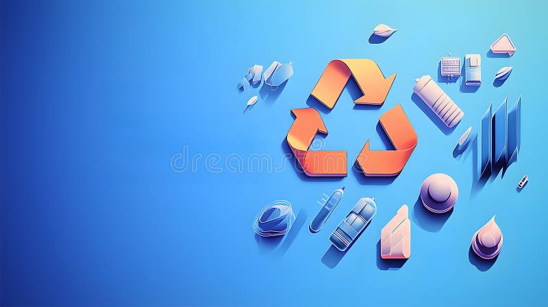 Colorful Recycling Symbols and Waste Items on Blue Stock Illustration ...