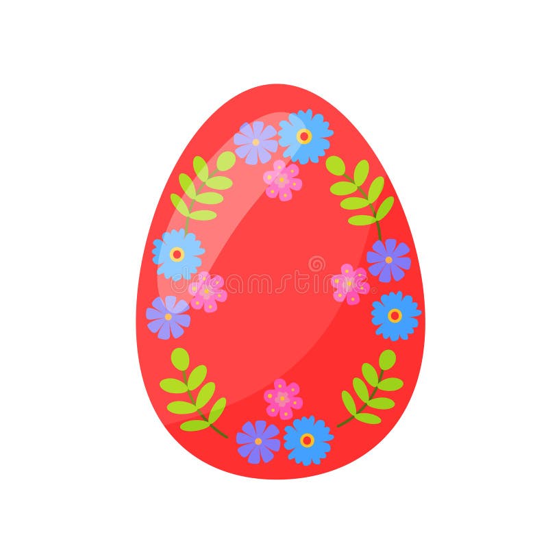 Colorful Red Easter Egg, with Green Leaves, and Flowers. Hand Drawn ...