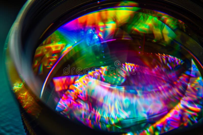 Colorful Reflections in a Camera Lens Showcasing Vibrant Light Patterns ...