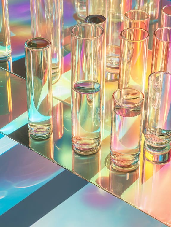 Colorful Reflections of Test Tubes on a Mirror Surface Showcasing ...