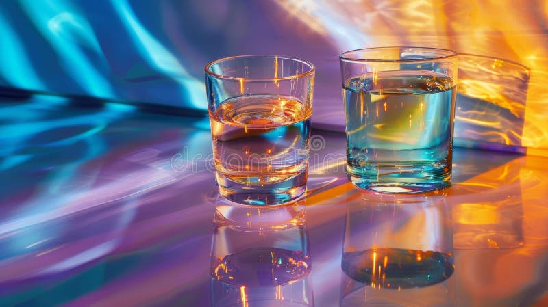 Colorful Reflections Two Glasses of Water in Vibrant Light, Creating an ...