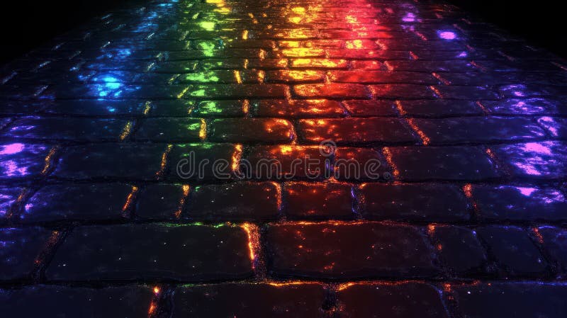 A Colorful, Reflective Cobblestone Path Illuminated by Rainbow Lights ...